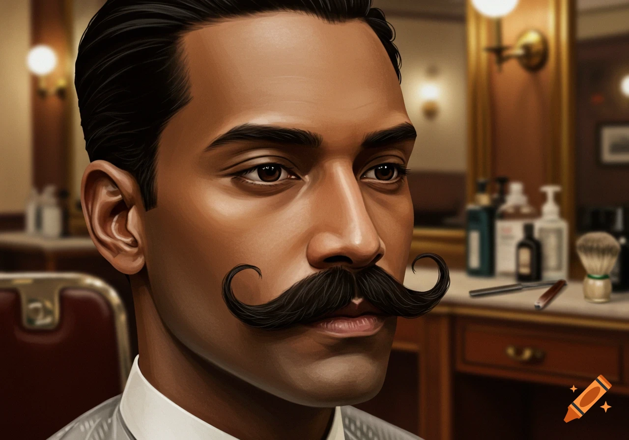 Portrait of a man with a handlebar mustache and sideburns in a brown ...