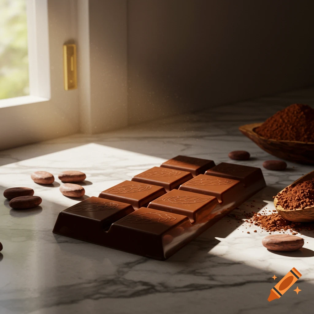 A photorealistic image of a chocolate bar, cocoa beans, and cocoa ...