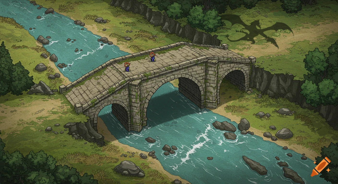 A sketched close-up of a hand touching a stone bridge, with faint ...