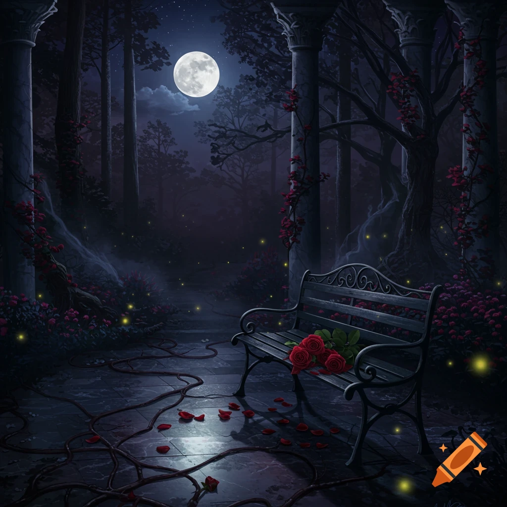 A dark, romantic moonlit forest with ancient pillars, overgrown with ...