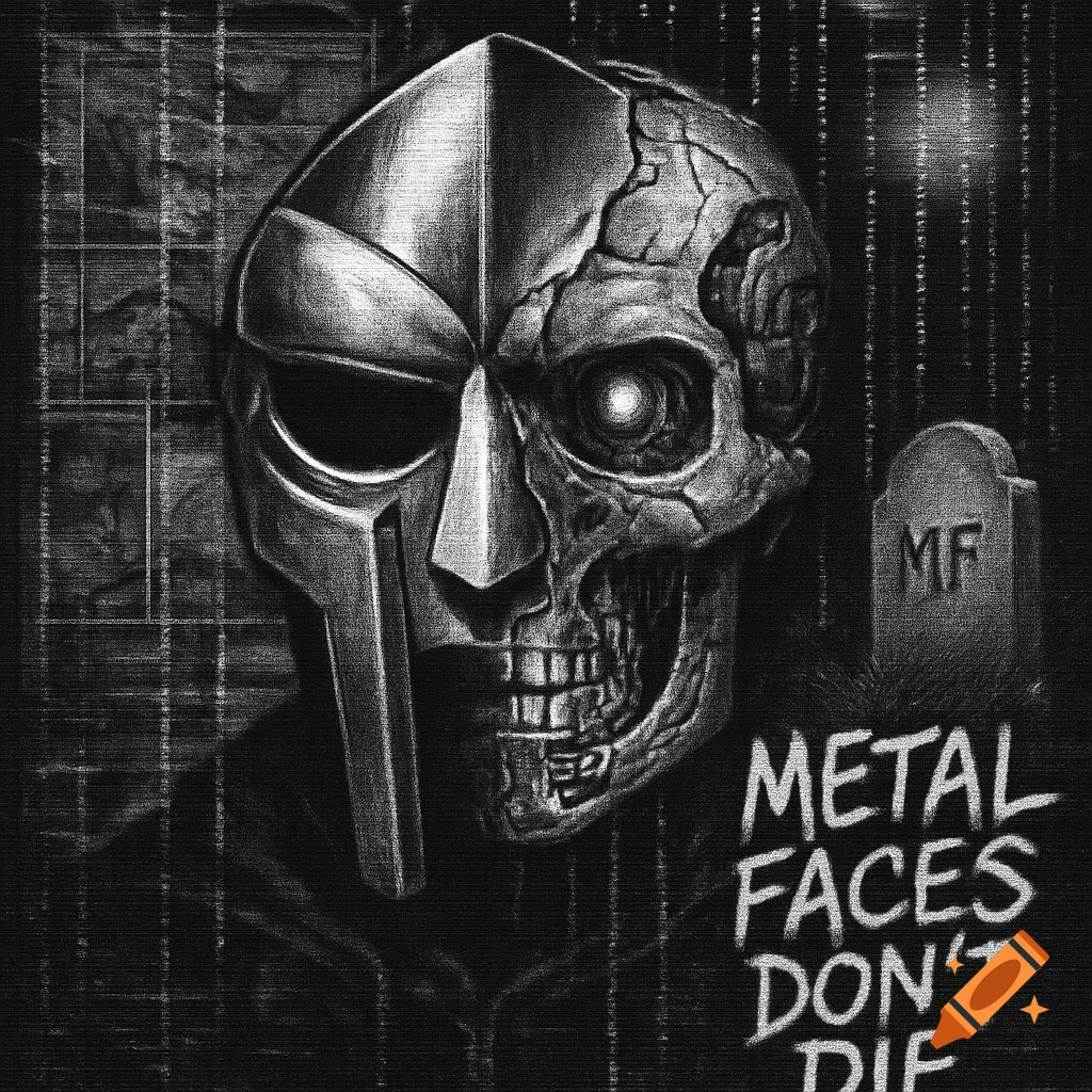 Black-and-white VHS-distorted art of a metal mask blending into a ...