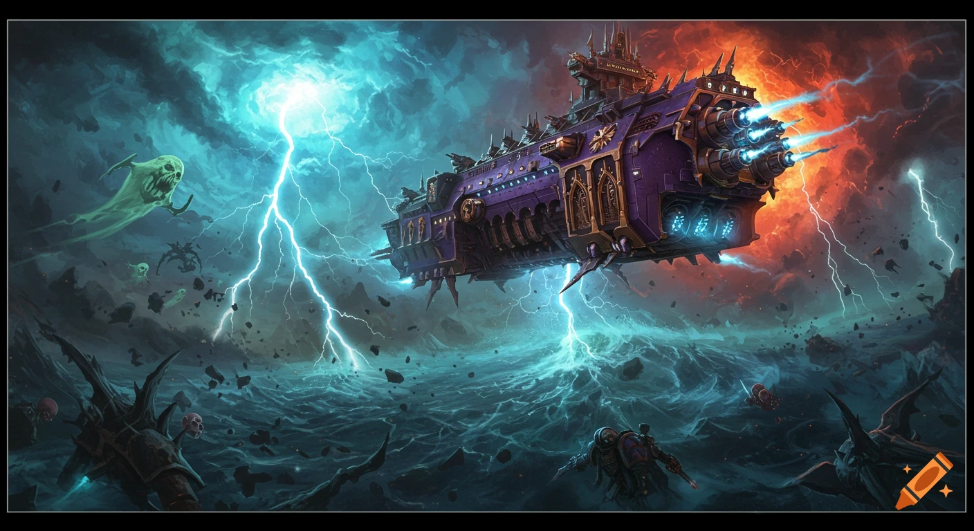 Massive purple Warhammer 40K spaceship flies through a chaotic ...