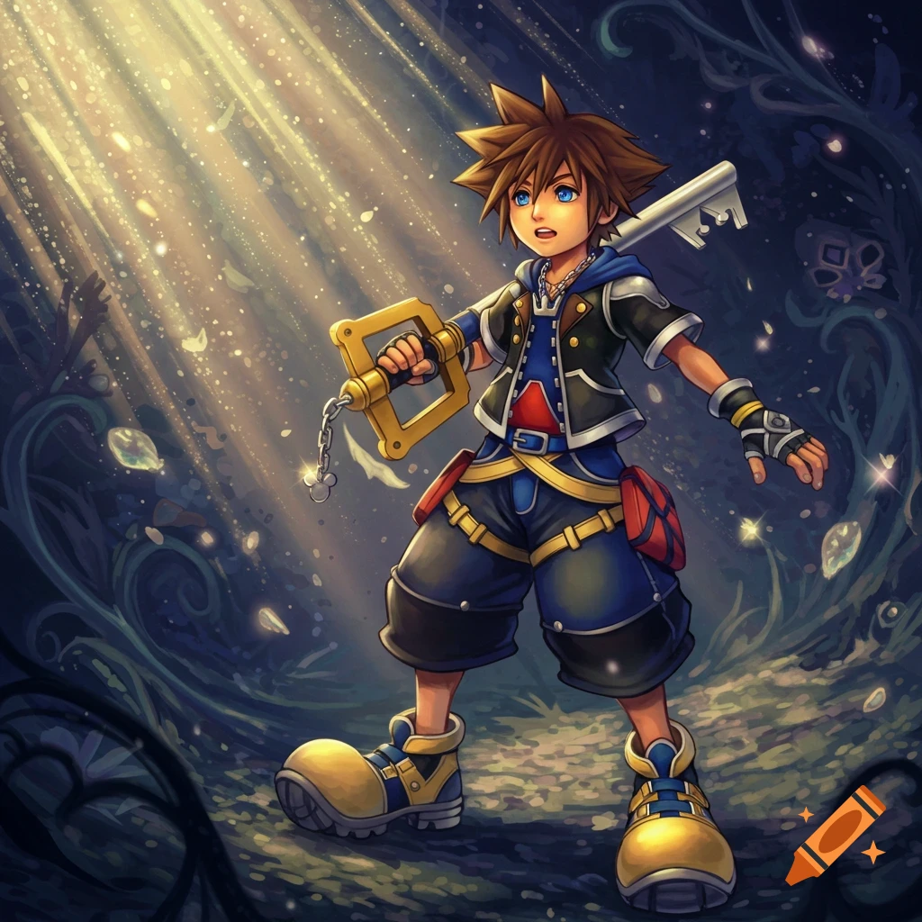 Young Sora from Kingdom Hearts, holding a Keyblade on his shoulder ...