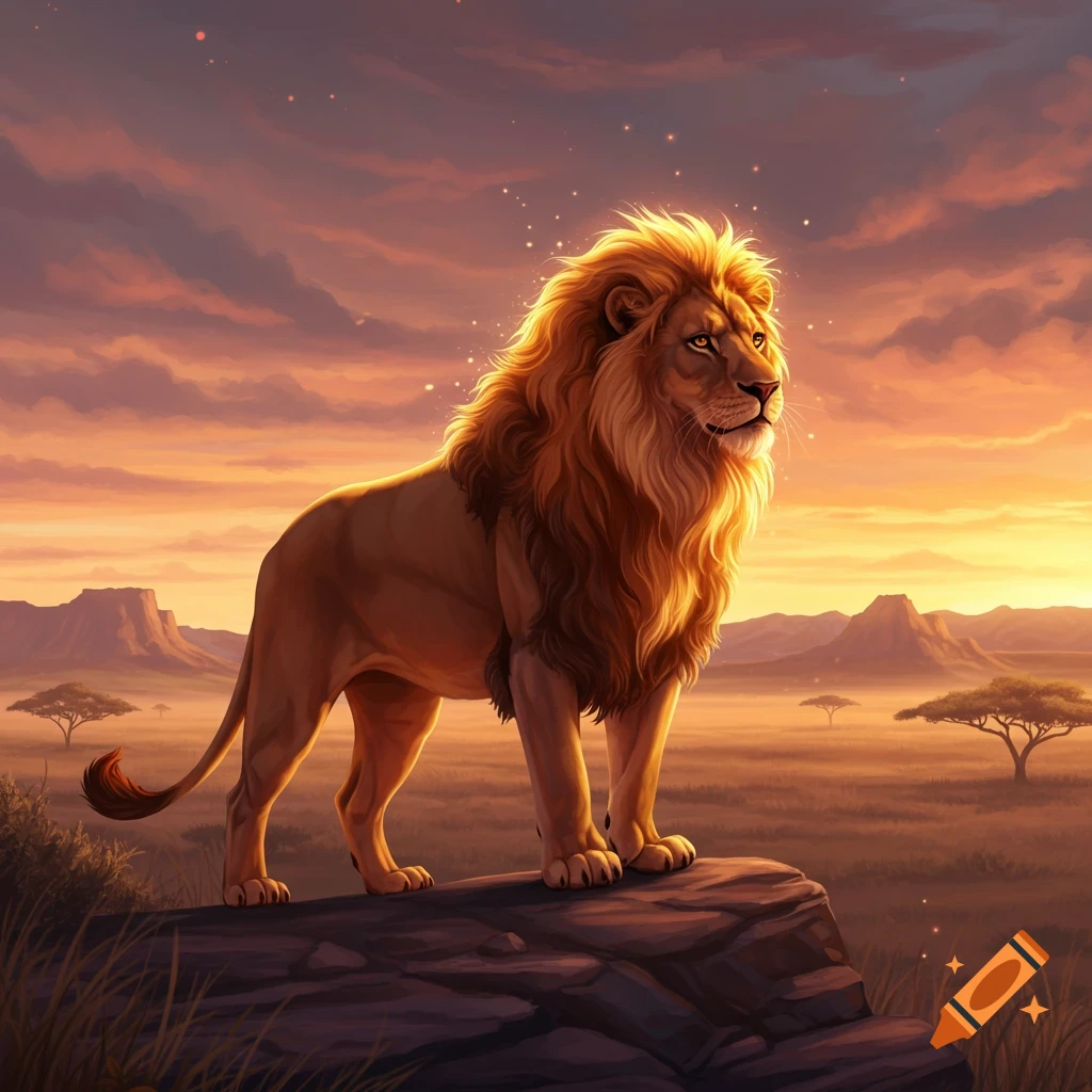 A majestic lion stands on a rock, silhouetted against a vibrant orange ...
