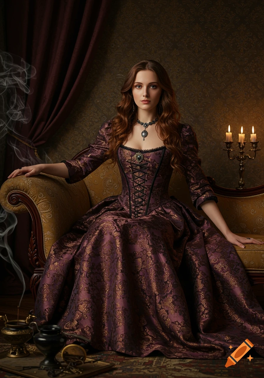 A man in a black cape and a woman in a red and white dress stand in a ...