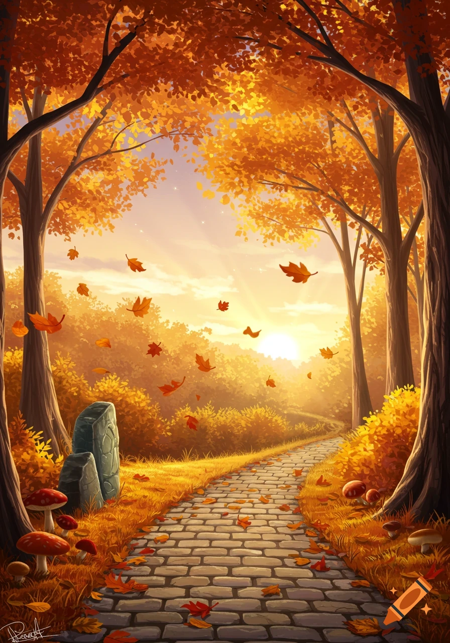 A vibrant, stylized autumn forest path leads into a golden sunset, with ...
