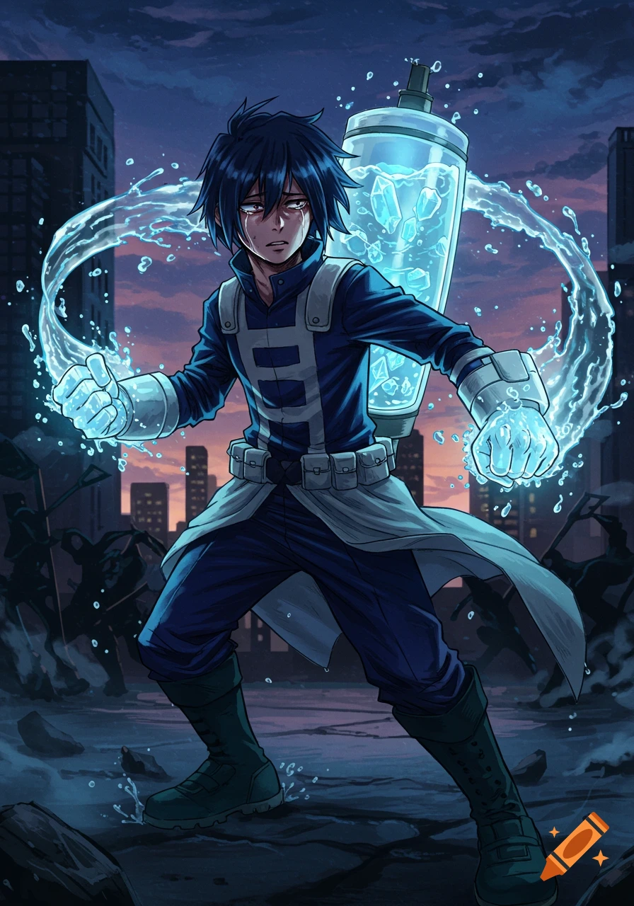 Crying anime superhero Kaito Mizuhara with blue hair in a blue outfit ...