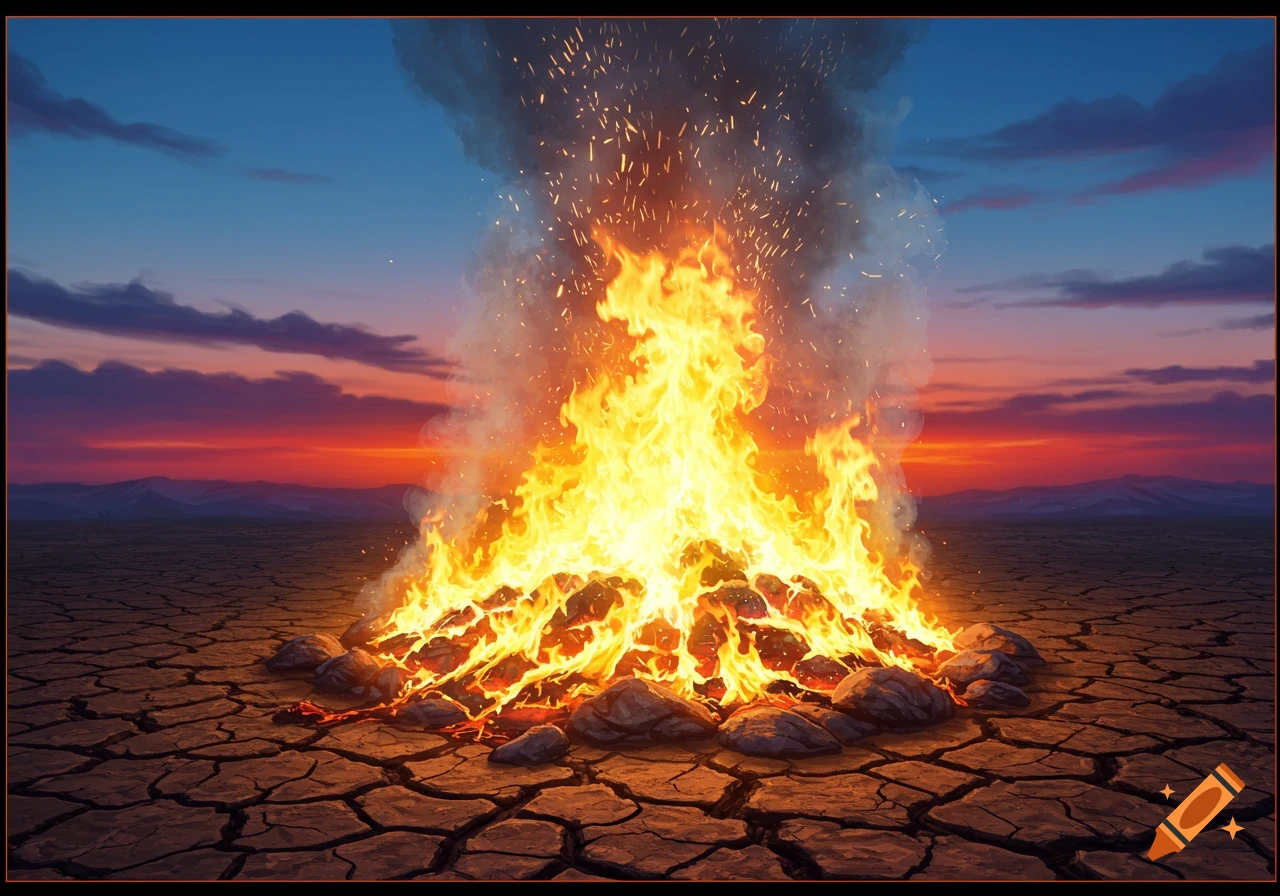 A huge bonfire with intense gold flames and sparks rises from cracked ...