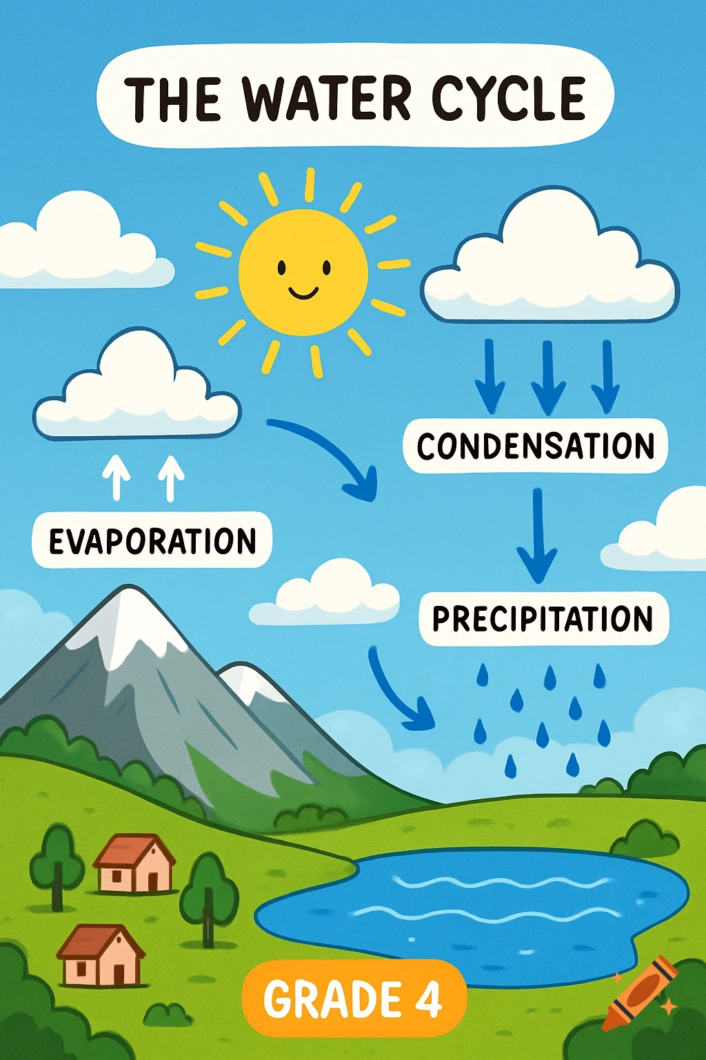 Illustrated diagram of the water cycle with labels for evaporation ...