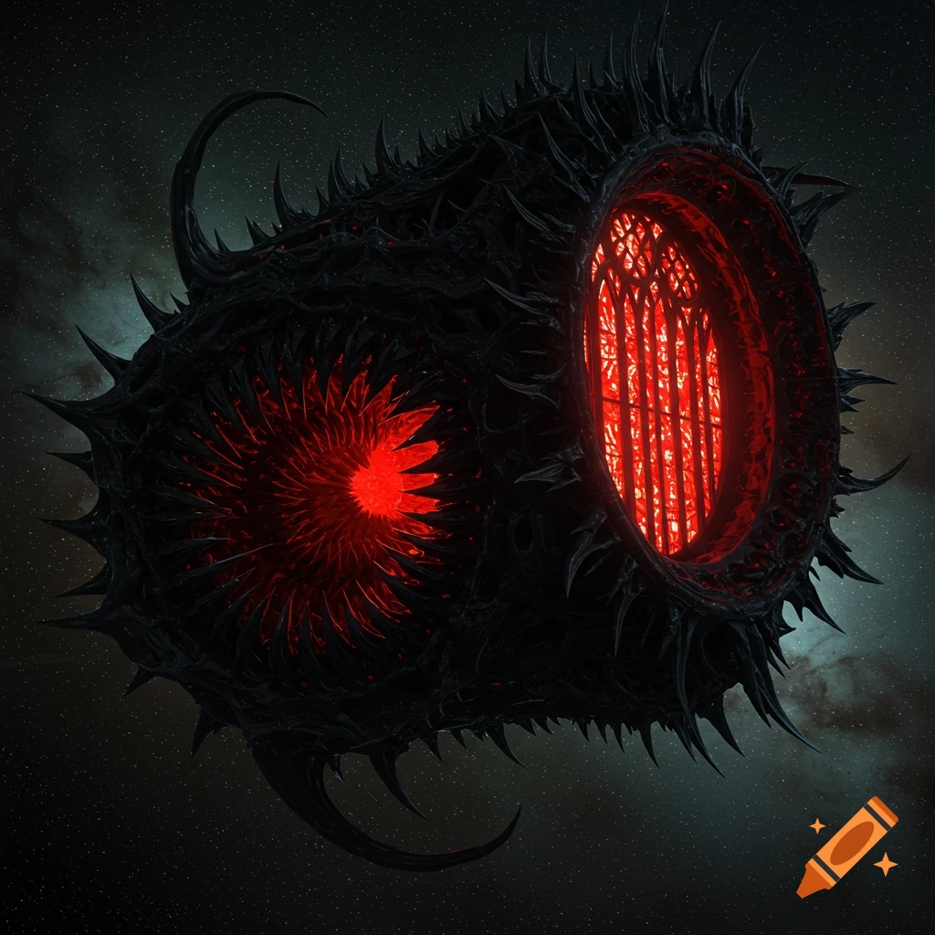 A monstrous black bio-organic gothic space castle with red glowing ...