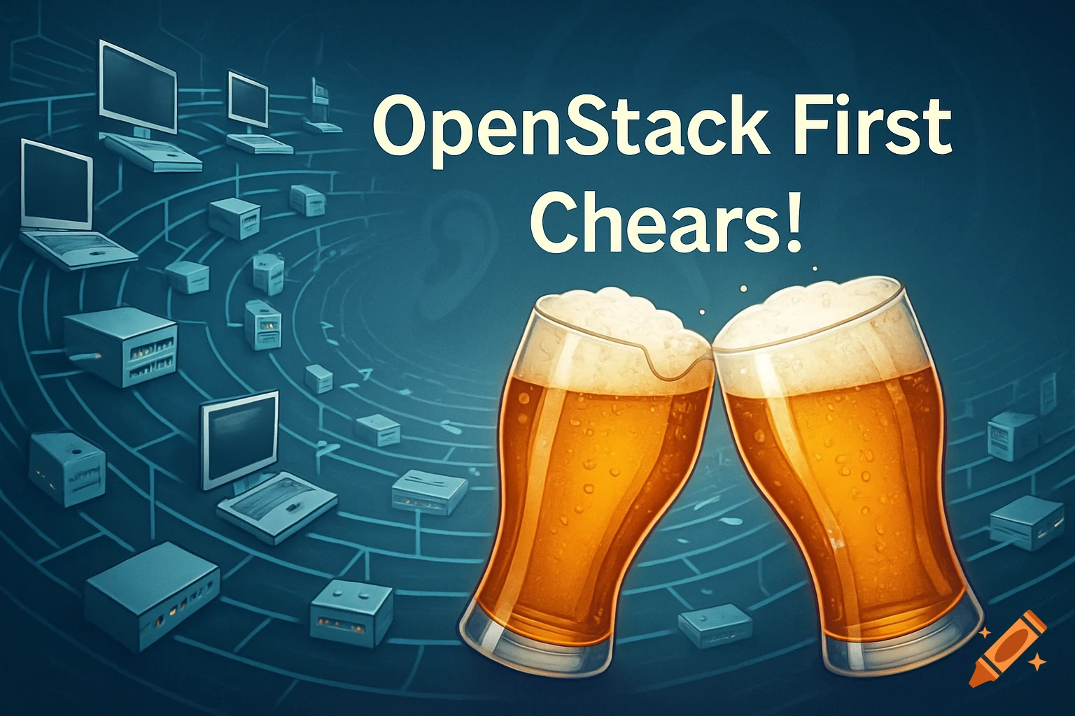 Illustration of two beer glasses toasting, with 'OpenStack First Chears!' text over a network ...