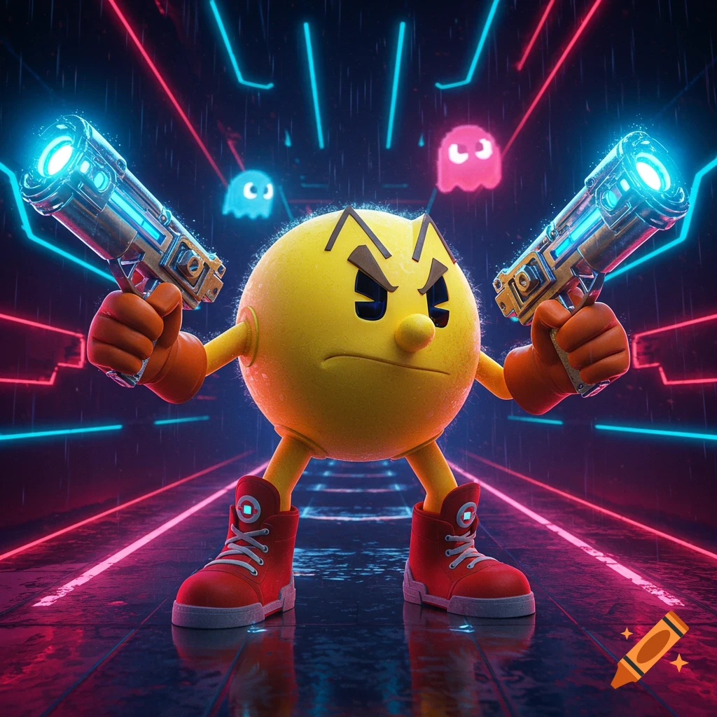 Angry Pac-Man in red shoes, holding two sci-fi blasters in a neon-lit ...