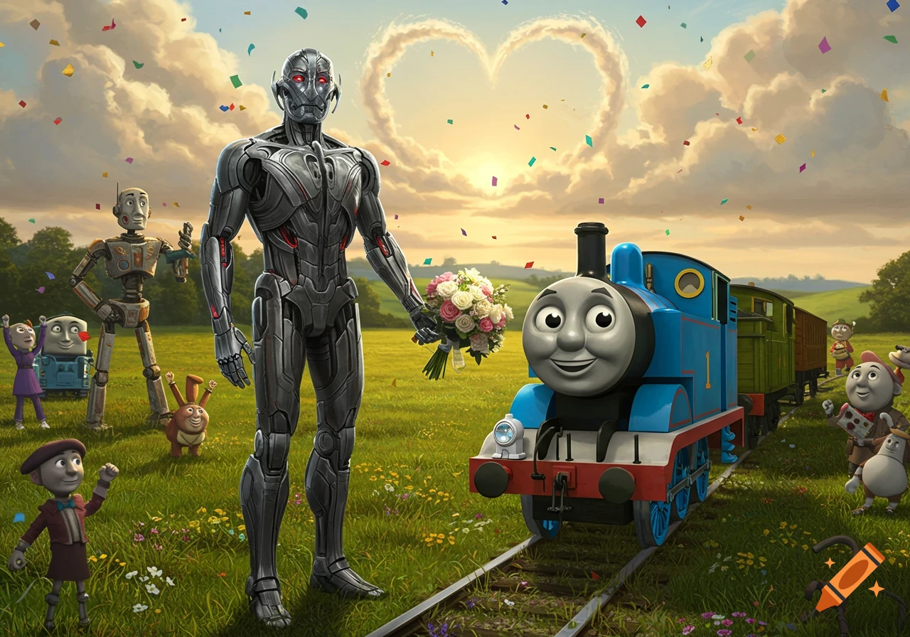 Ultron holds a bouquet of flowers next to Thomas the Tank Engine in a ...