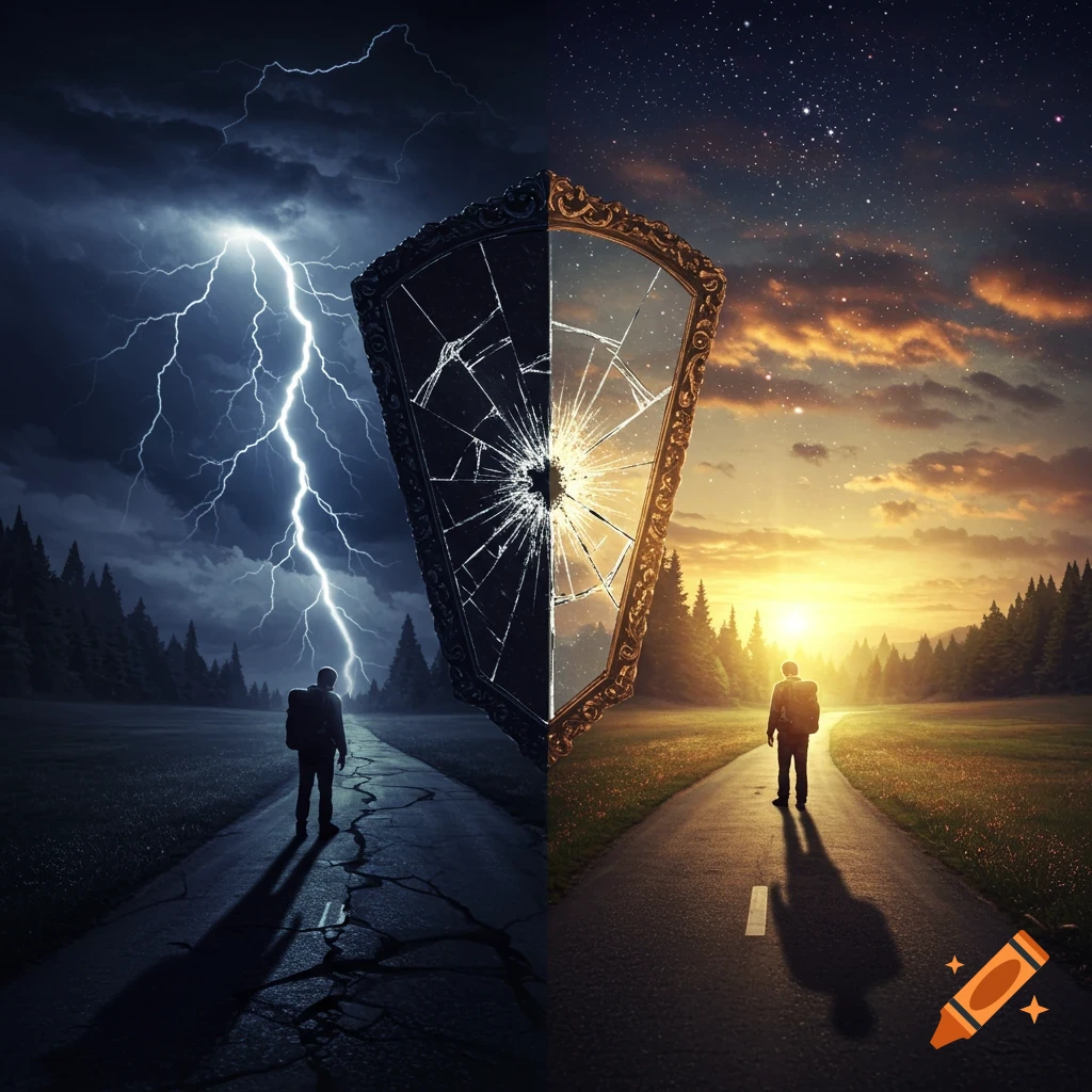 A person walking on a road split by a broken mirror: stormy lightning ...