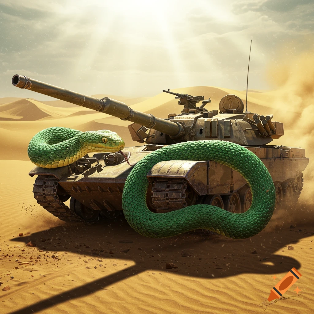 A rusty, brown military tank with a long barrel stands on cracked sand ...