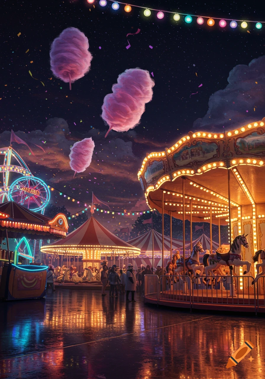 Vibrant night carnival scene with a brightly lit carousel and Ferris ...