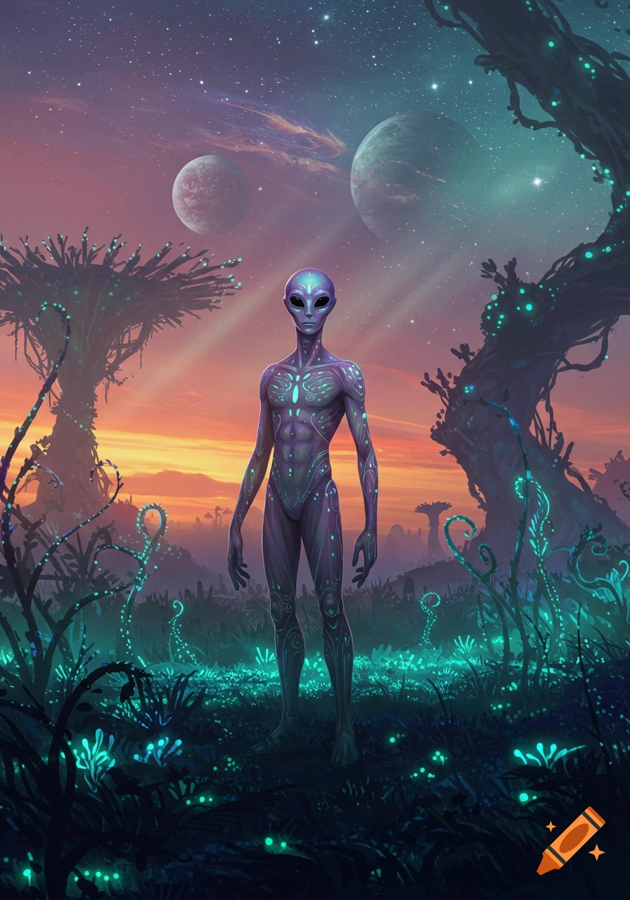 A bioluminescent humanoid alien with mandibles stands in a glowing ...
