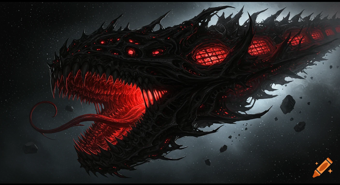 Horrifying black bio-organic space monster with glowing red eyes, sharp ...