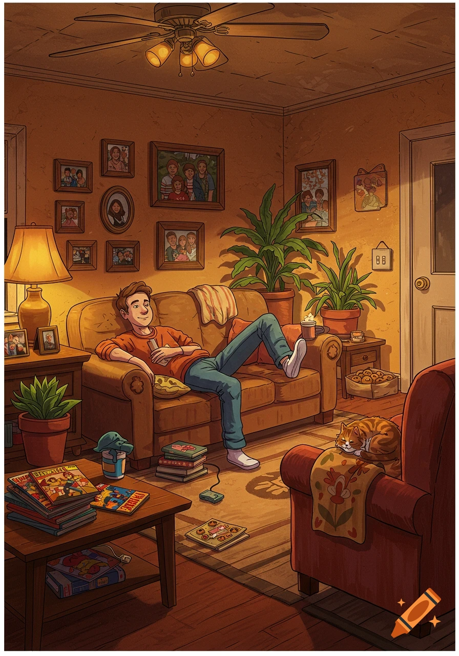 An illustration of a man eating pizza and holding a cat in a cozy ...