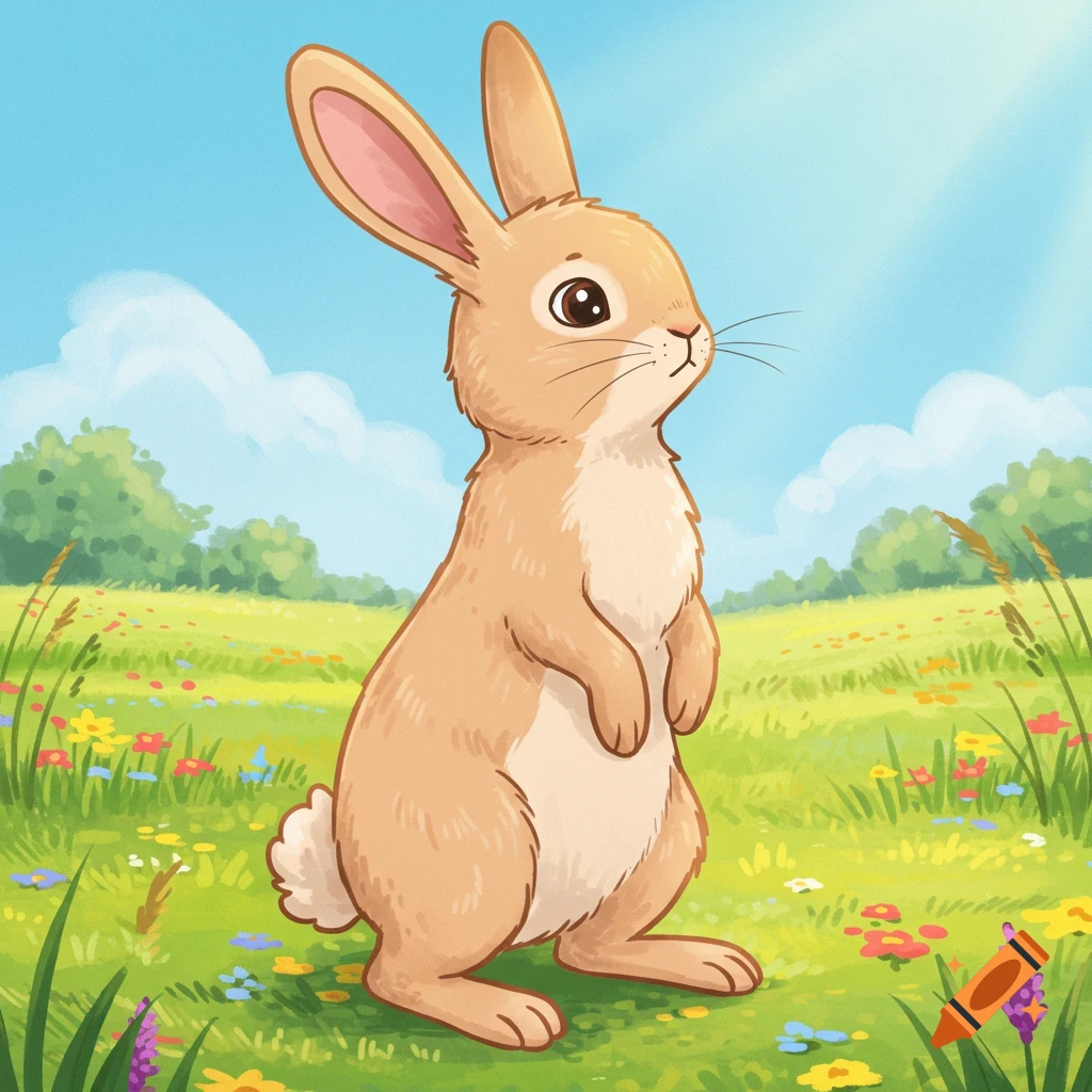A cartoon light brown rabbit stands on its hind legs in a vibrant green ...