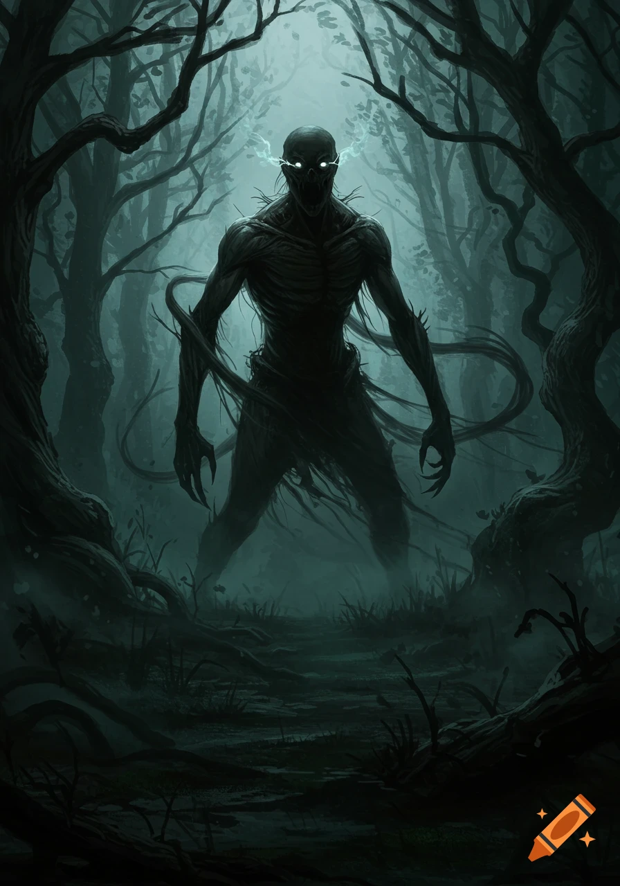 A shadowy monster with bright red glowing eyes stands menacingly in a dark, misty forest, its ...