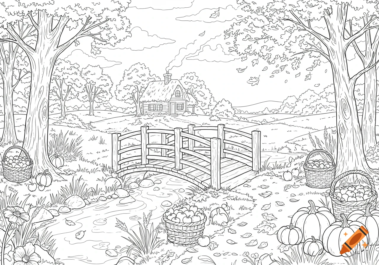 Detailed autumn landscape coloring page with a rustic cottage, stream ...