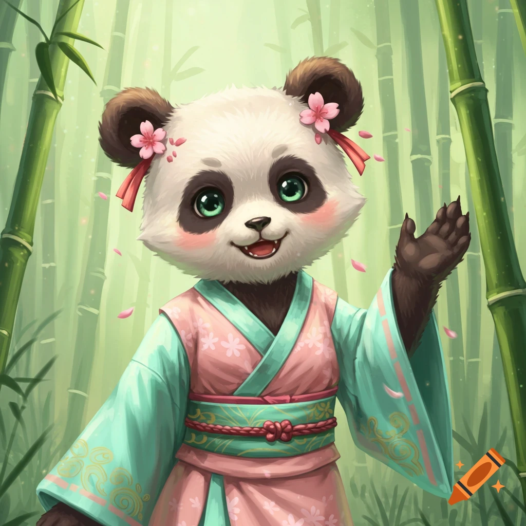 A cute anime-style panda character in a pink and teal kimono stands in ...