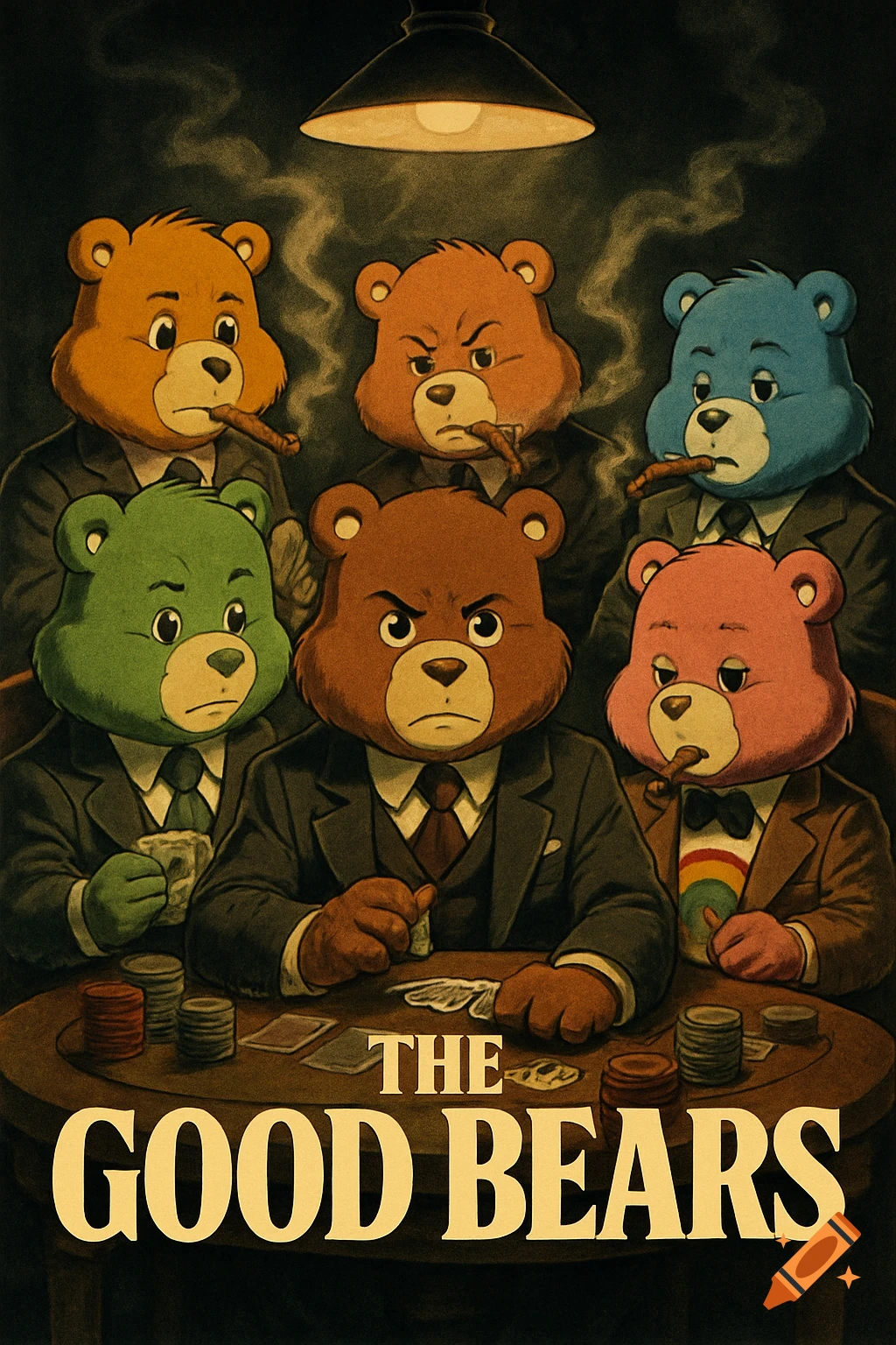 Six colorful Care Bear-style mobsters play poker at a dark table in a ...