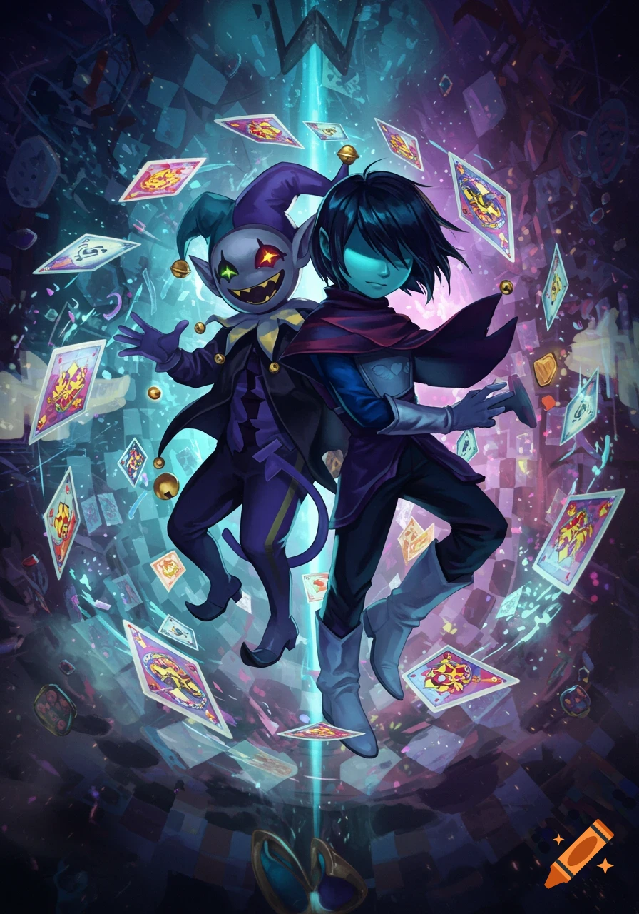Deltarune characters Jevil and Kris in a dynamic, fantasy illustration ...