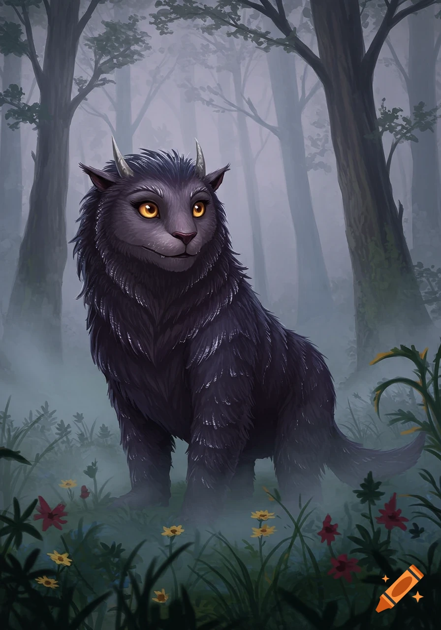 A dark-furred, horned, cat-like beast with bright yellow eyes sits in a ...