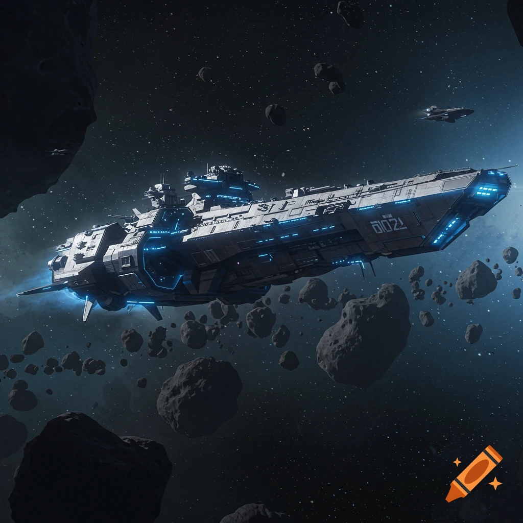 A large, futuristic gray spaceship with glowing blue accents navigates ...