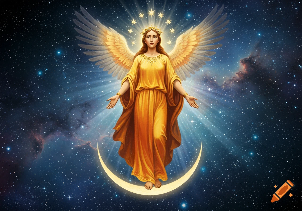 Illustration of nine angels in flowing robes holding chalices ...