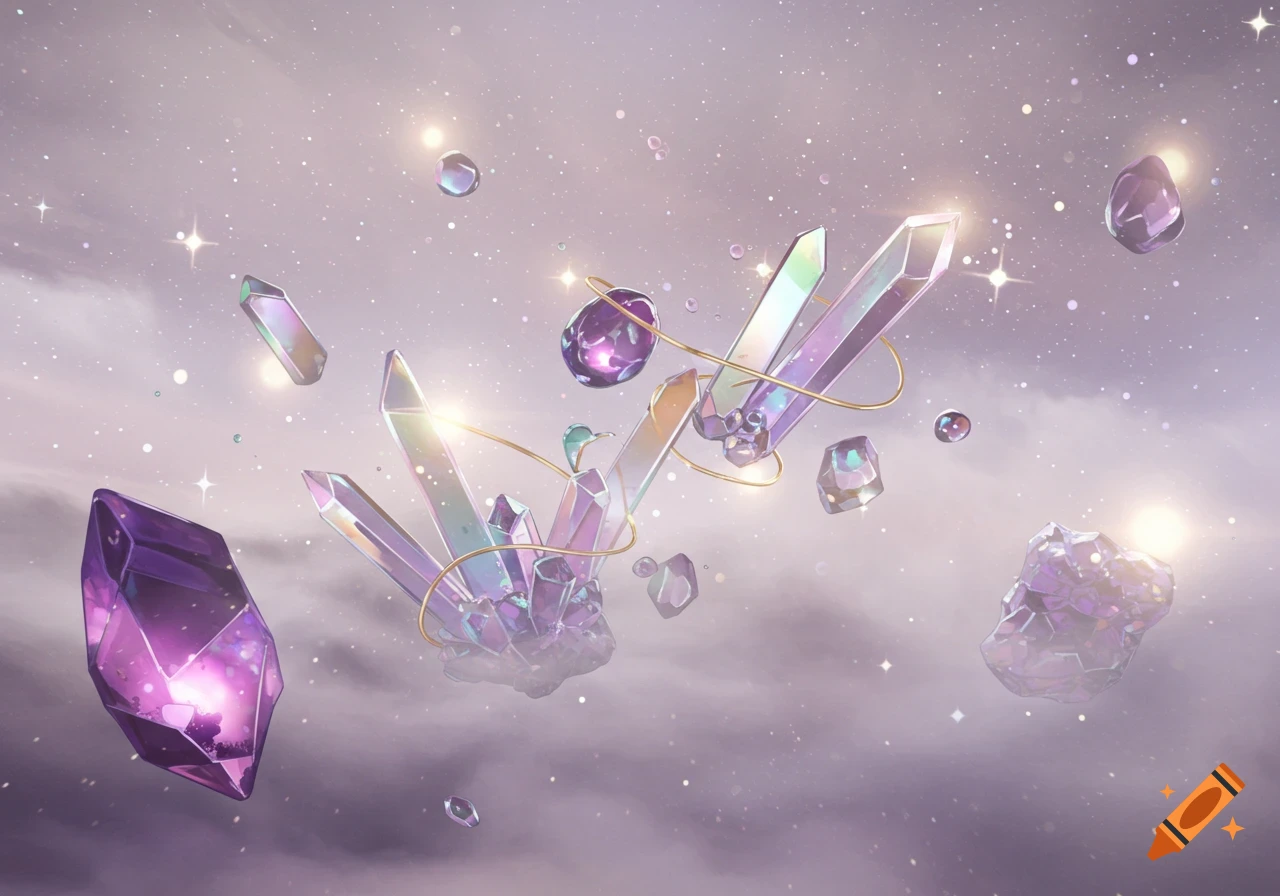 Purple and clear crystals float in a pale lavender mist with scattered ...