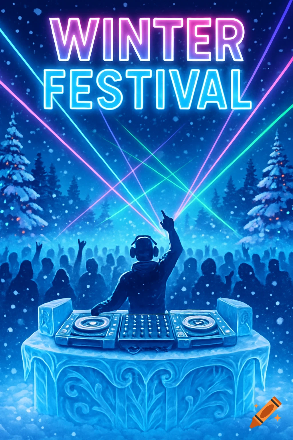 Neon poster for a winter festival with a DJ on an ice table, laser ...