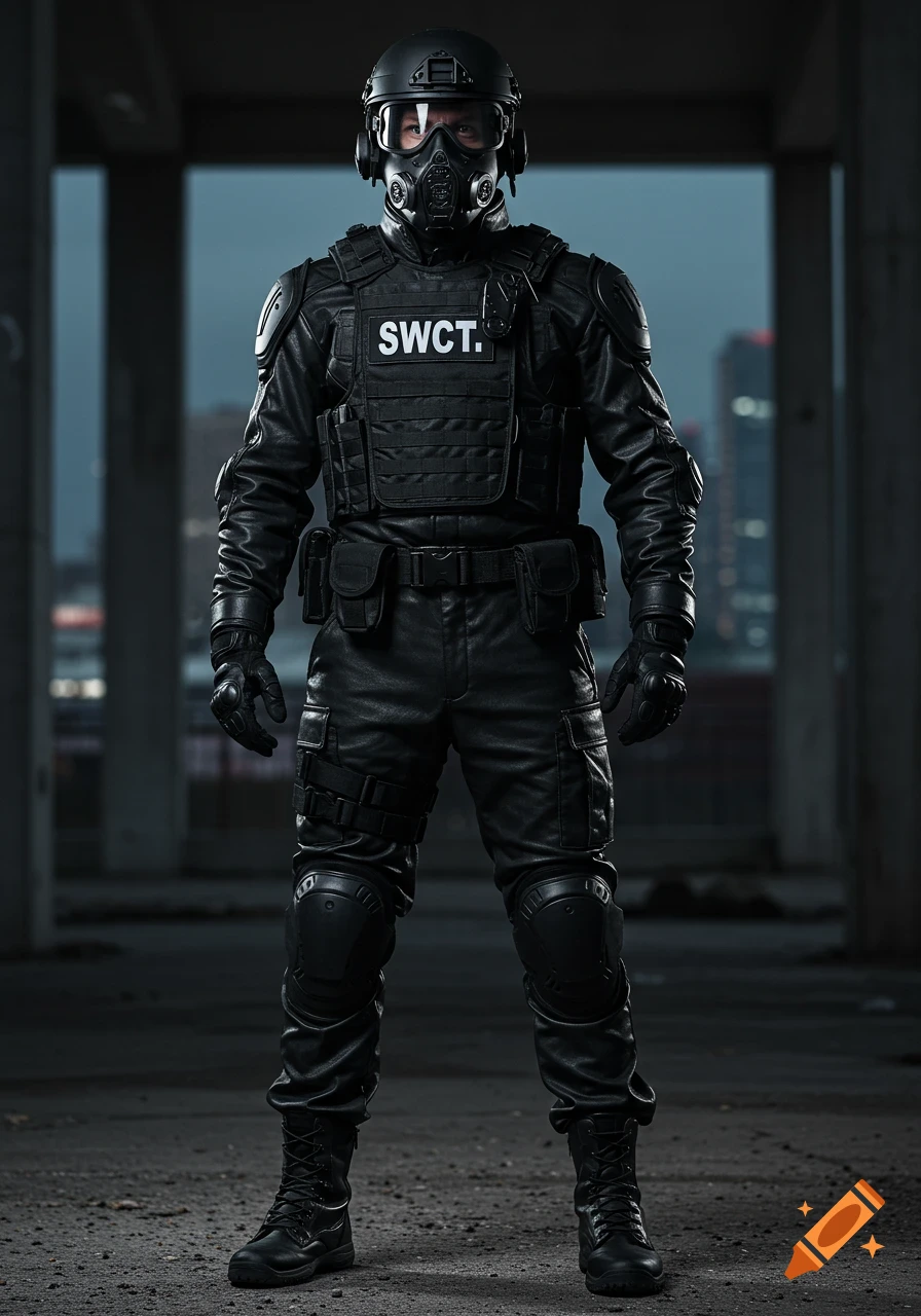 A full-body shot of a tactical agent in a black leather uniform, helmet ...