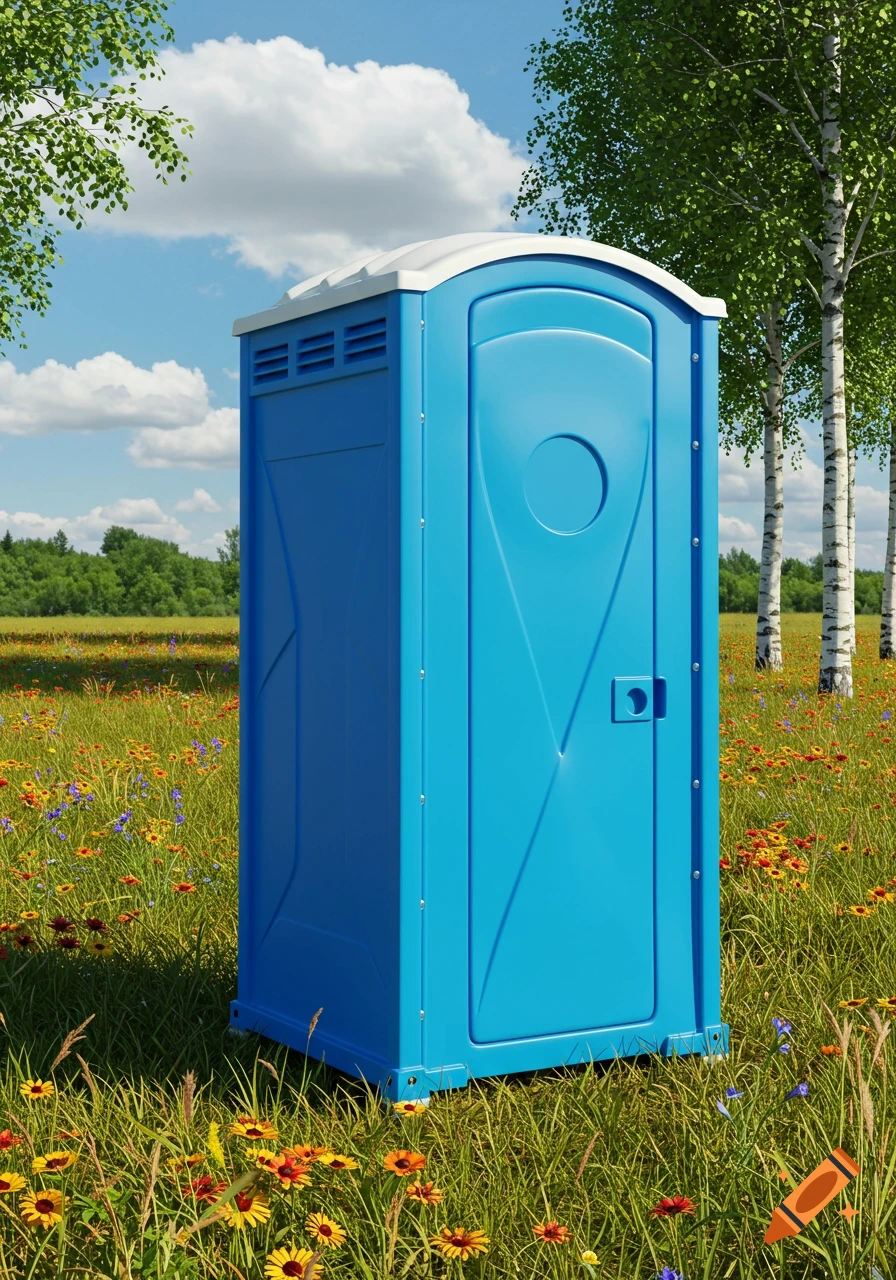 A blue portable toilet in a sunny field of wildflowers with birch trees ...