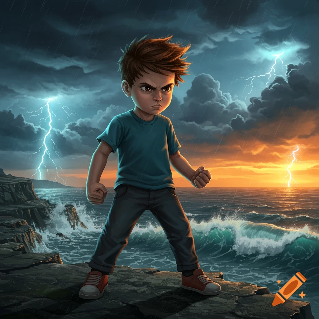 Stylized illustration of an angry boy with clenched fists on a stormy ...