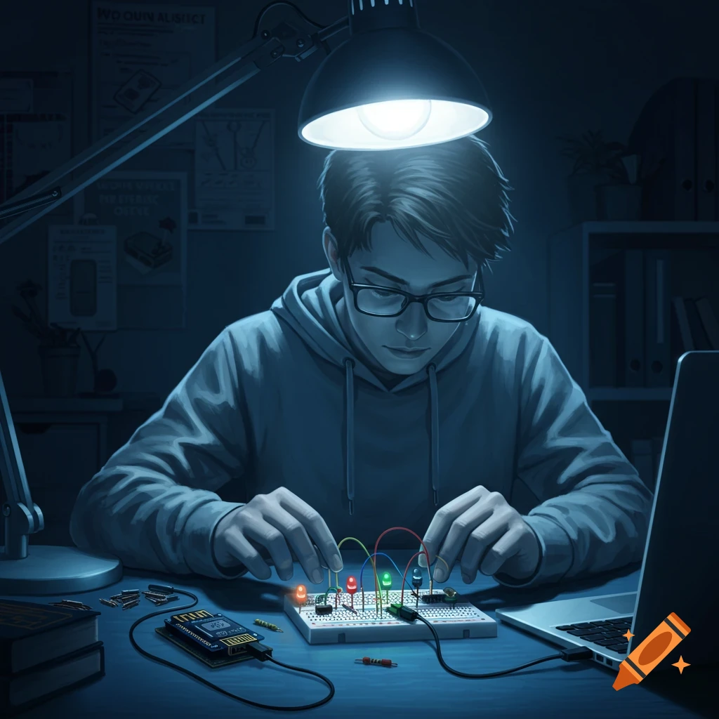 A student works on an electronics project with a breadboard and ...