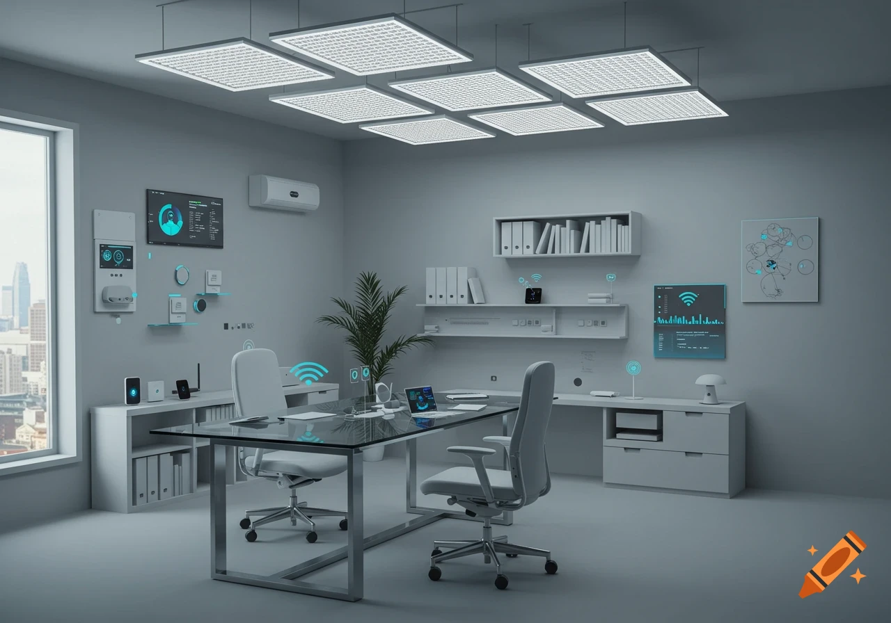 Collaborative workspace with large displays minimalist design light and ...