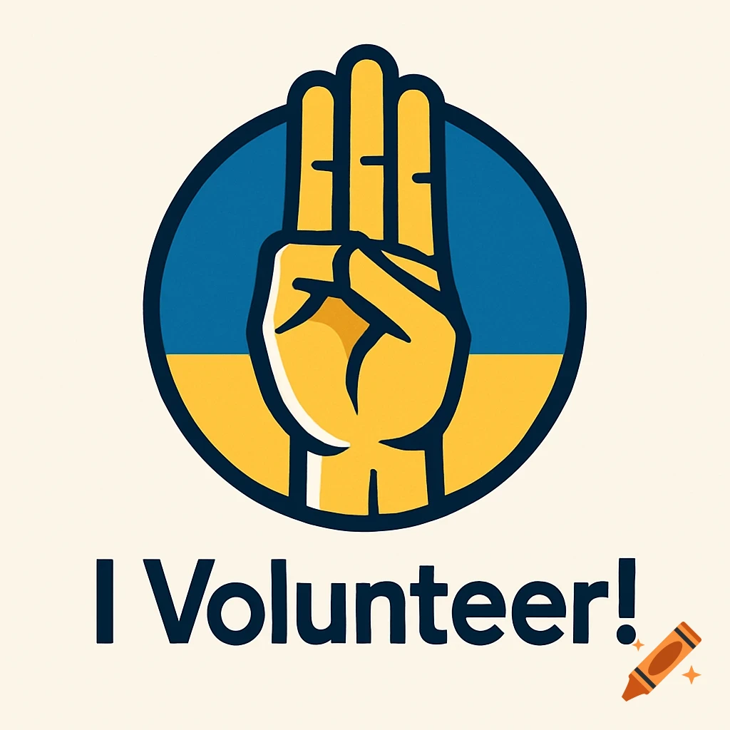 Stylized yellow hand making a three-finger salute inside a blue and ...