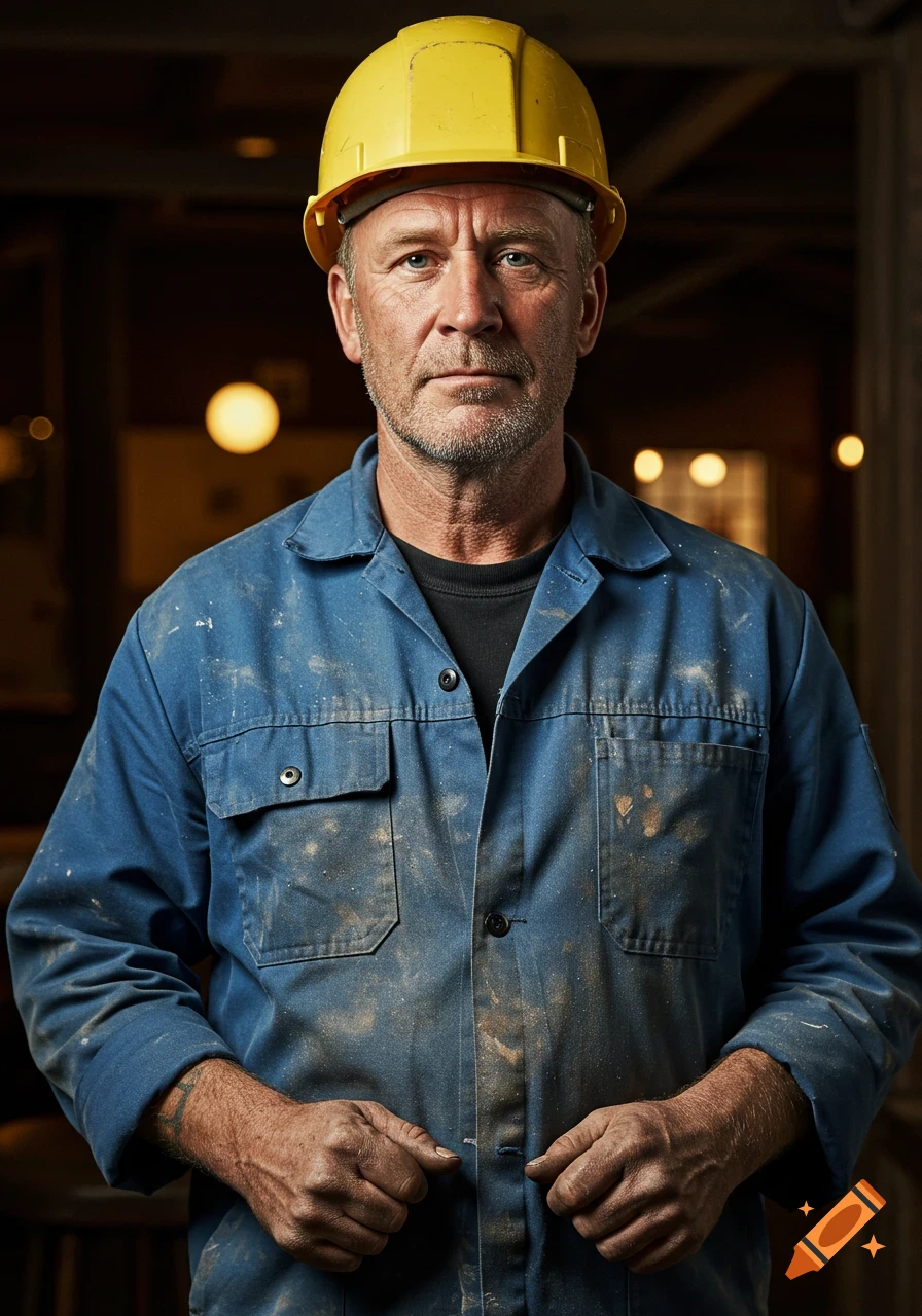 Photorealistic portrait of a rugged construction worker in a blue ...