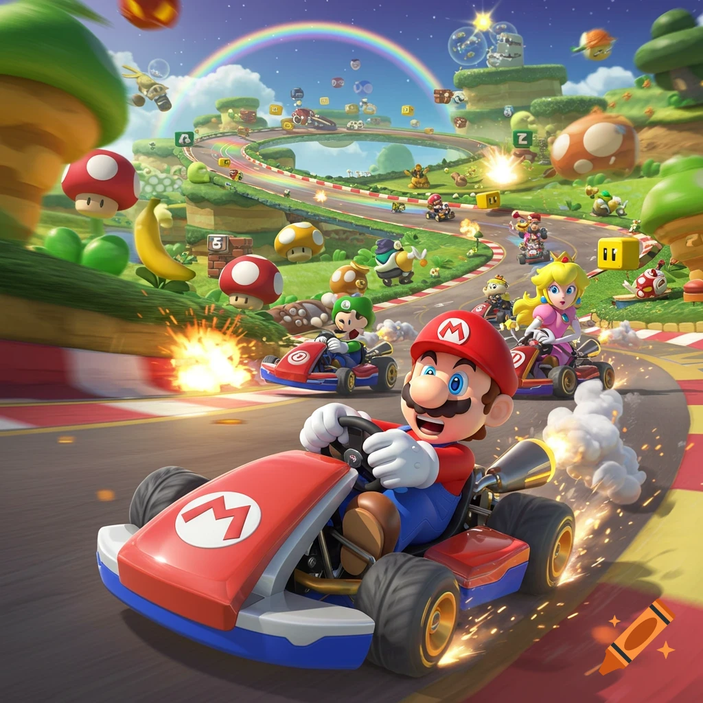 Cartoon characters race karts on a track with floating blocks and a ...