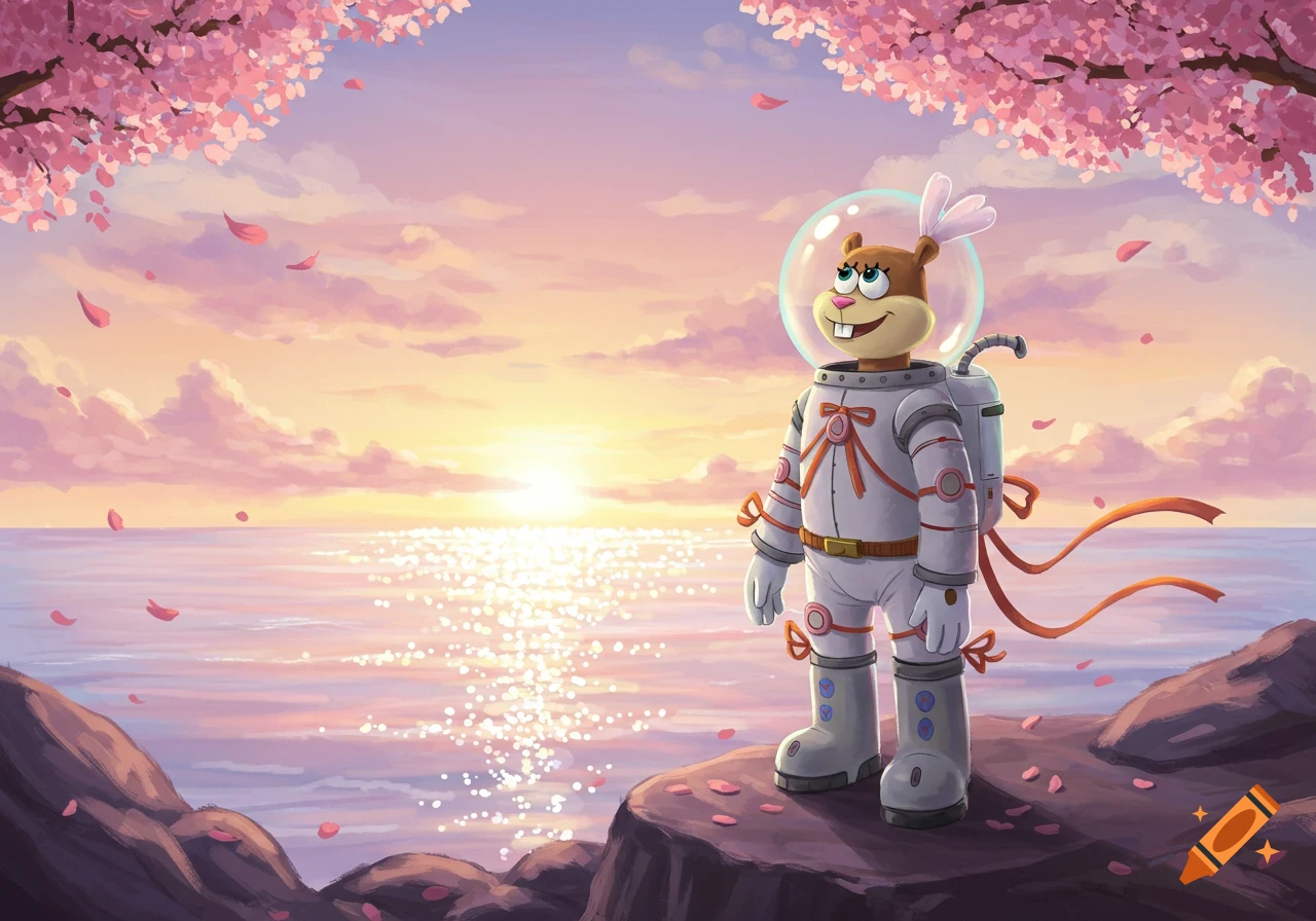 Sandy Cheeks in a spacesuit stands on a cliff, gazing at a cherry ...