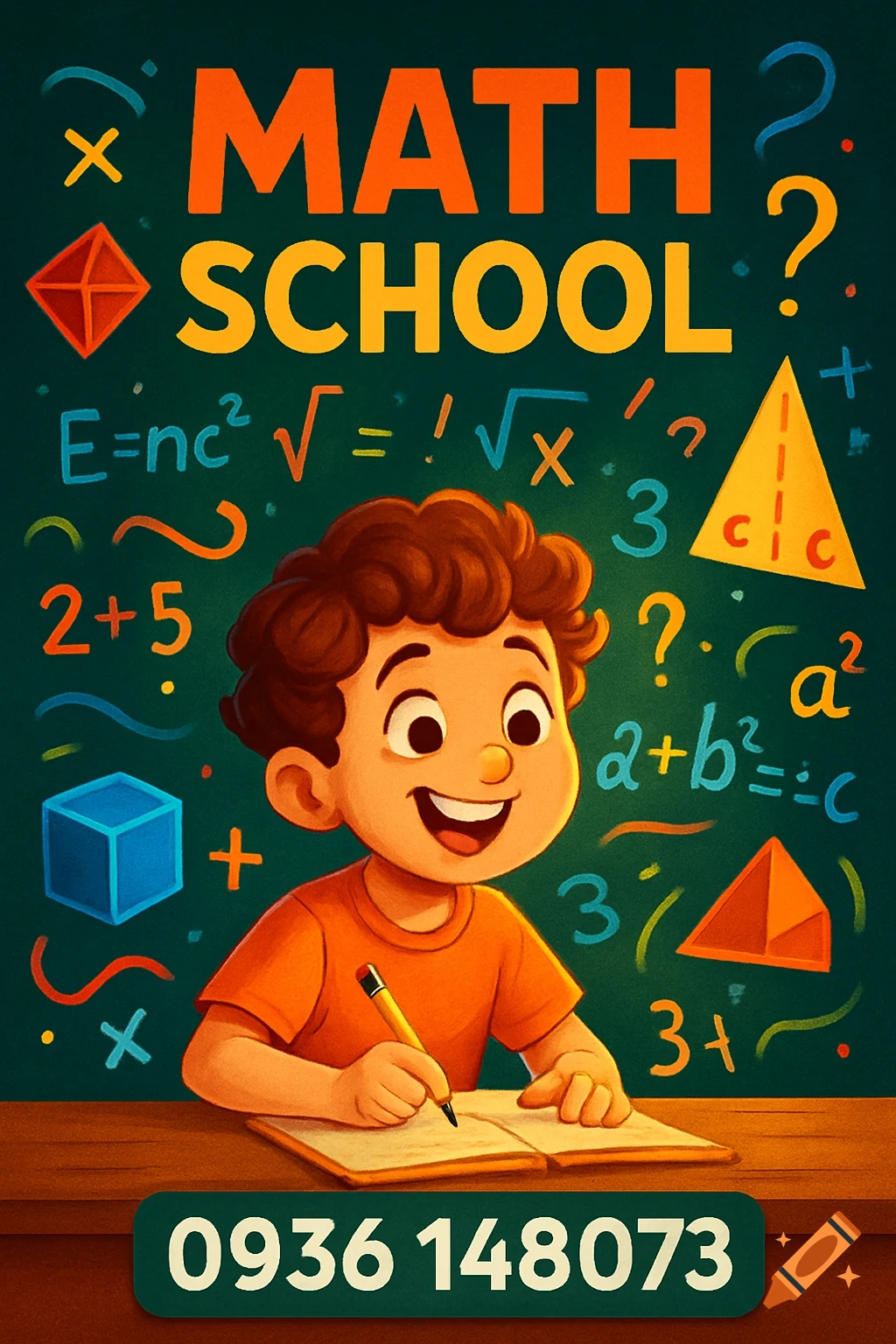 A happy CGI animated boy holds a math book triumphantly over his head ...