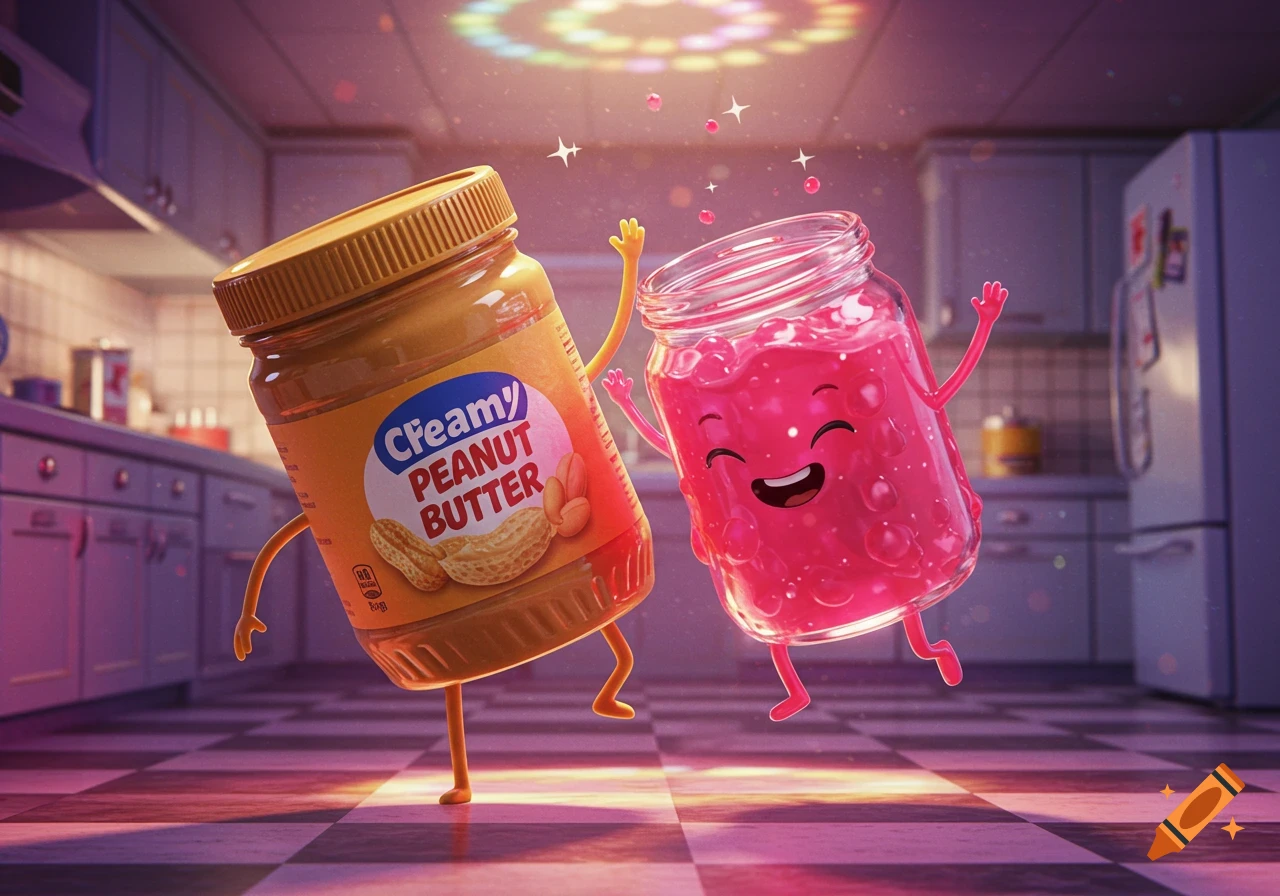 Cartoon peanut butter and jelly jars happily dancing in a vibrant ...