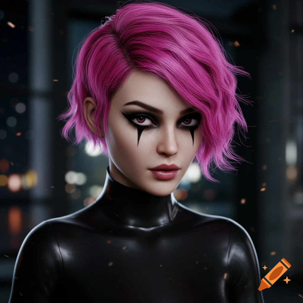 A photorealistic portrait of a girl with short pink hair, black clothes ...