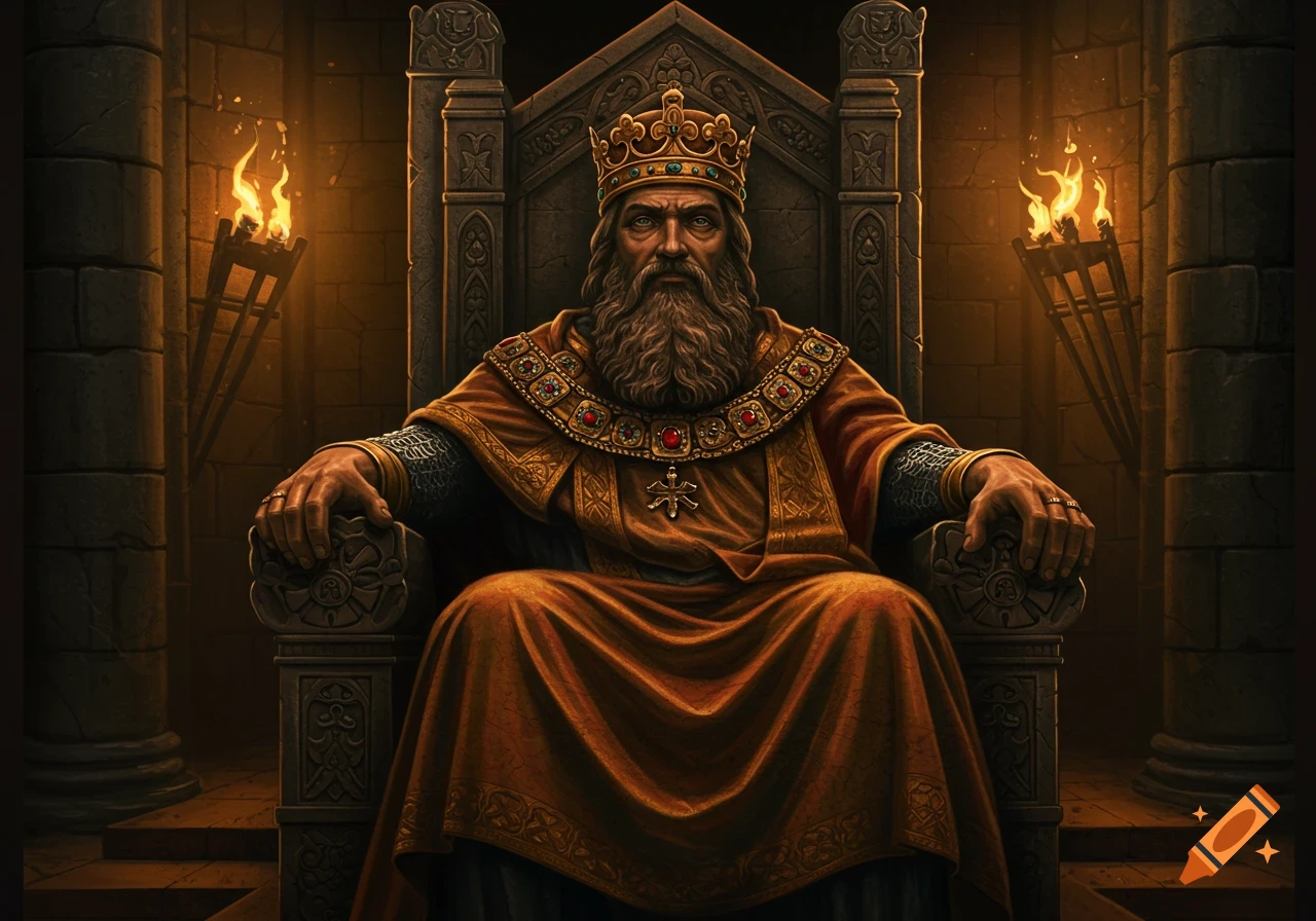 A red-bearded king in a green and purple regal robe and gold crown ...