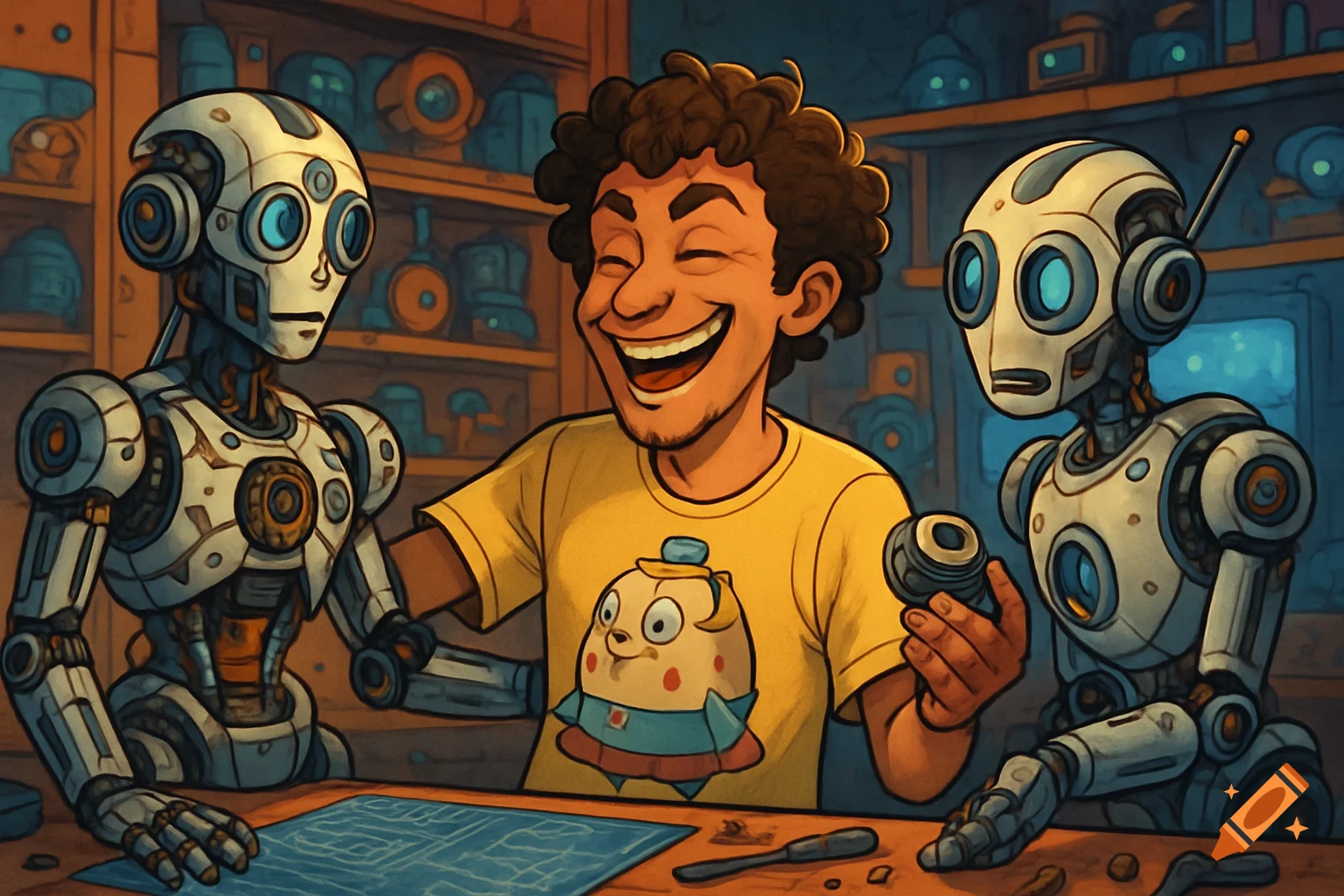 A cartoon robot with an open head showing gears, surrounded by comic ...