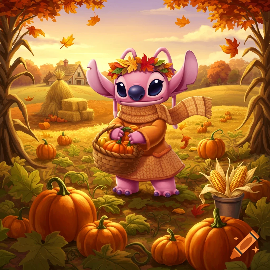 Angel from Lilo & Stitch gathering pumpkins in an autumn field with hay ...