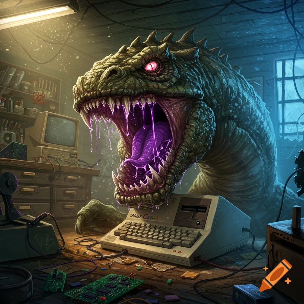 A dark, red-lit computer workstation with two monitors displaying red ...